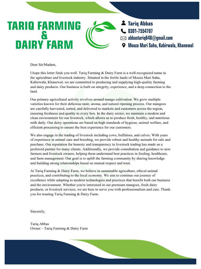TARIQ FARMING and Dairy Farm Letter Pad | PDF | Dairy | Agriculture