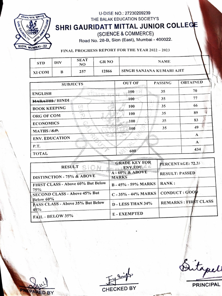 11th Marksheet | PDF