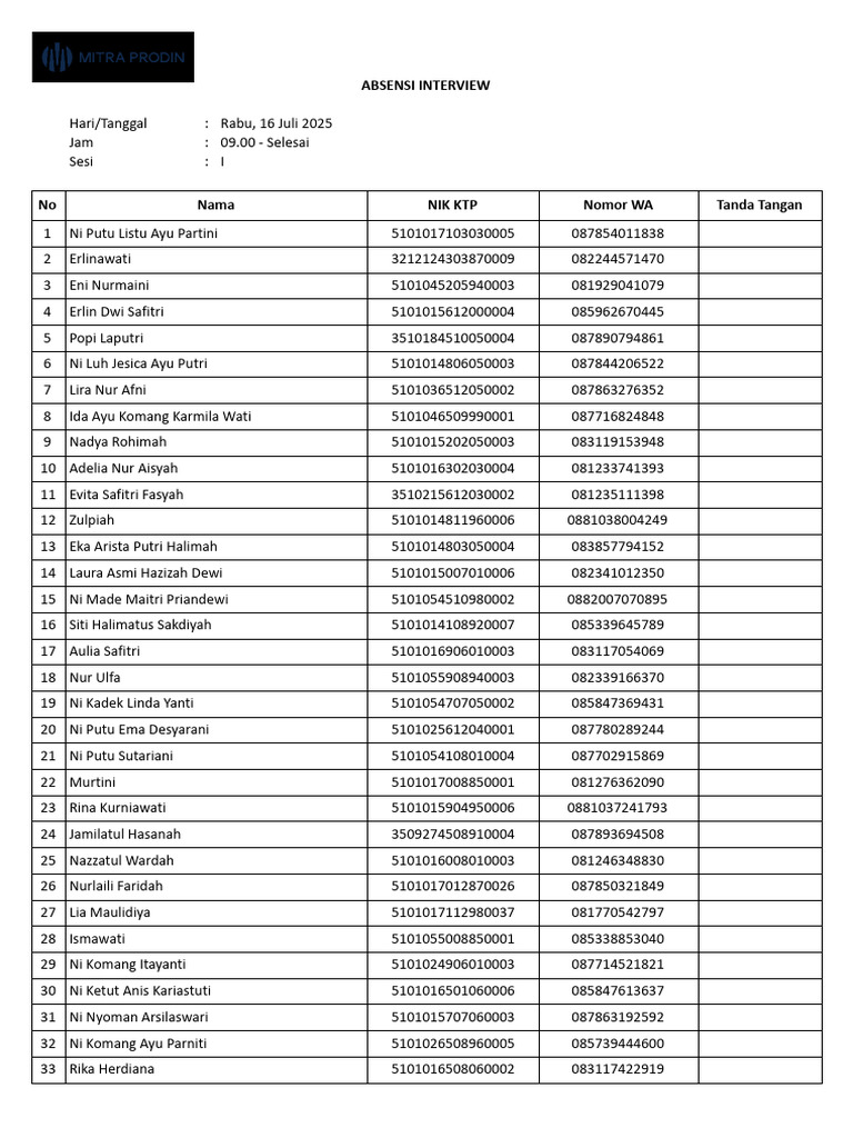 Absen Interview - 16 Juli 2025 | PDF
