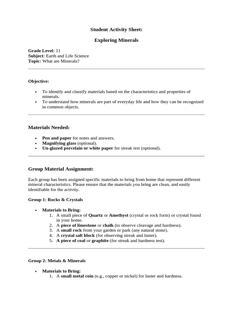 Exploring Minerals Activity Sheet | PDF | Minerals | Ductility