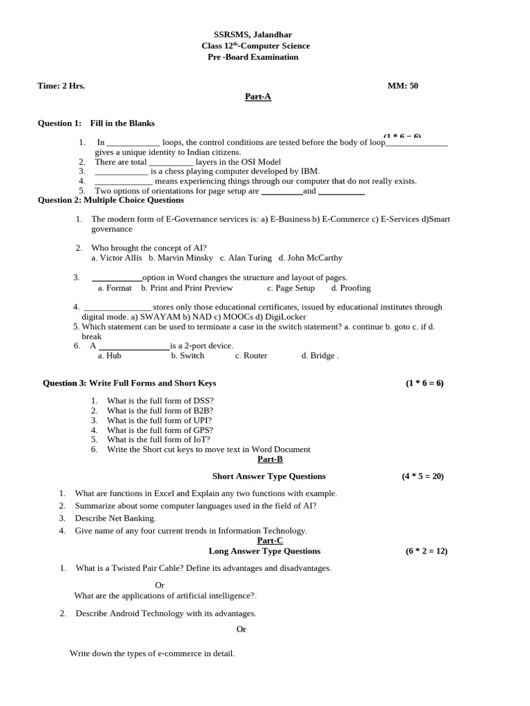 Computer Science PreBoard +2 2024-25 1-7 Chapter | PDF | Artificial Intelligence | Intelligence ...