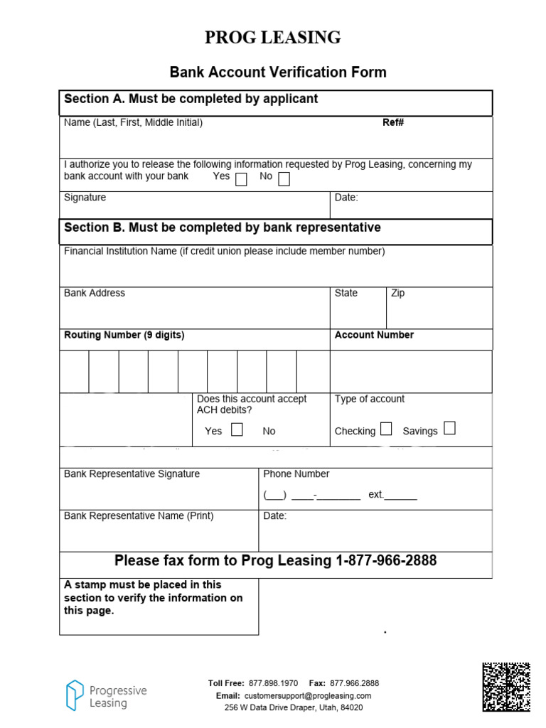 Progressive Leasing Bank Verification Form | PDF