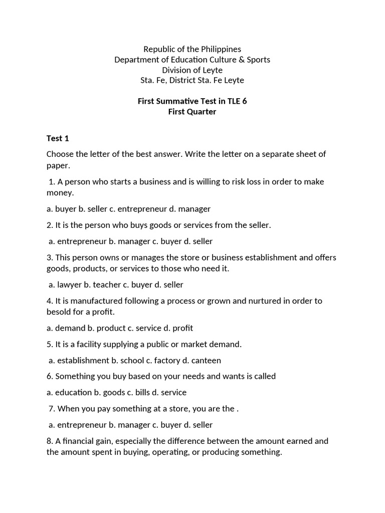 TLE 6 First Summative Test Guide | PDF | Demand | Profit (Economics)