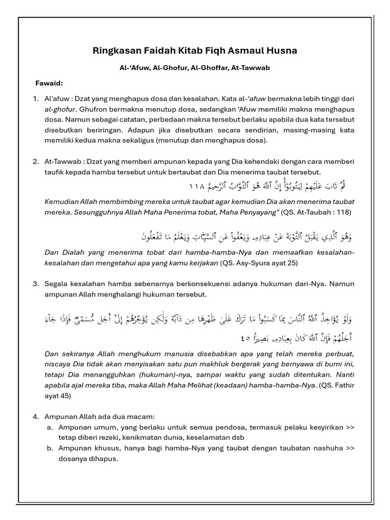 Ringkasan Faidah Kitab Fiqh Asmaul Husna - Maha Pengampun | PDF