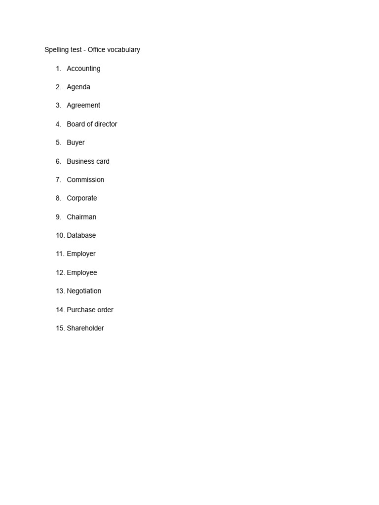 Spelling Test - Office Vocab | PDF