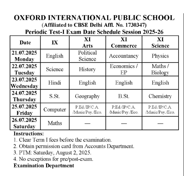 Time Table PT-1 Exam Date Schedule IX & XI | PDF