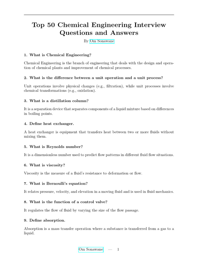 Chemical Engineer Interview Questions | PDF | Liquids | Fluid Dynamics