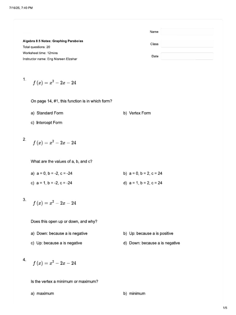 Graphing Parabolas 5 | PDF