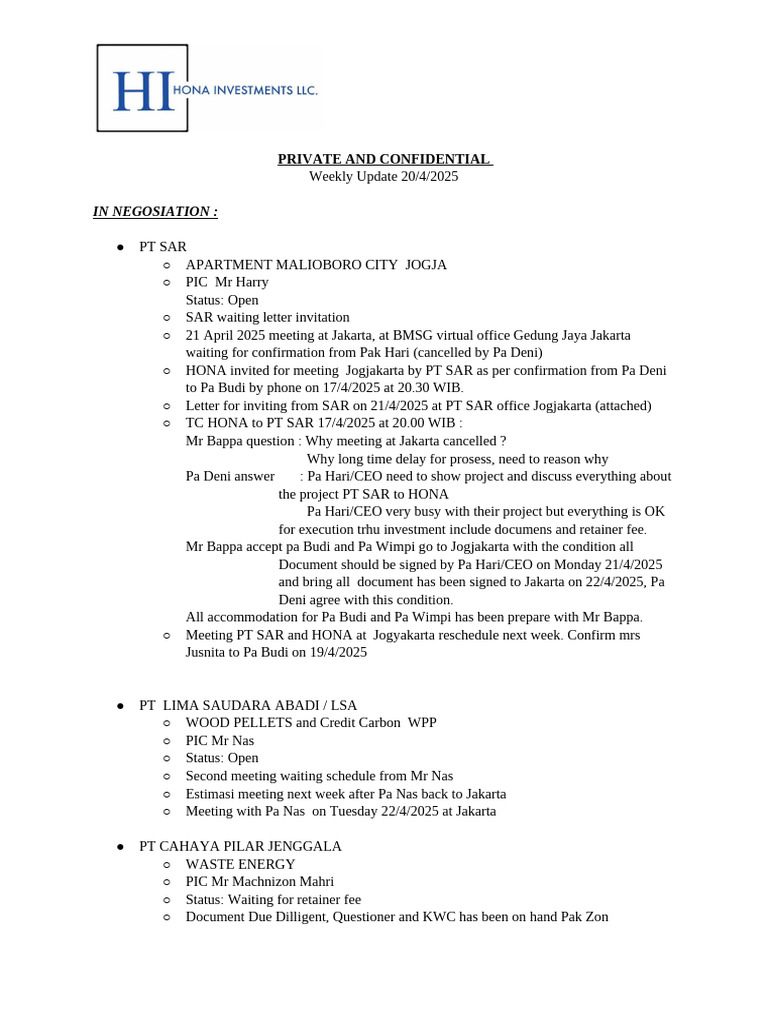 Contoh WEEKLY UPDATE Perusahaan | PDF