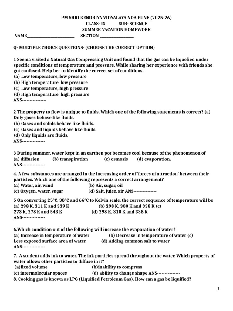 Summer Vacation Science Hw-Ix 2025 | PDF | Gases | Water