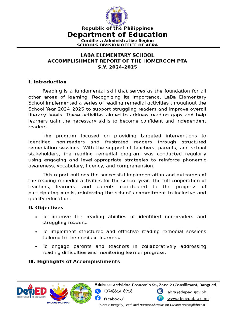 Accomplishment Report Reading | PDF | Reading Comprehension | Education ...