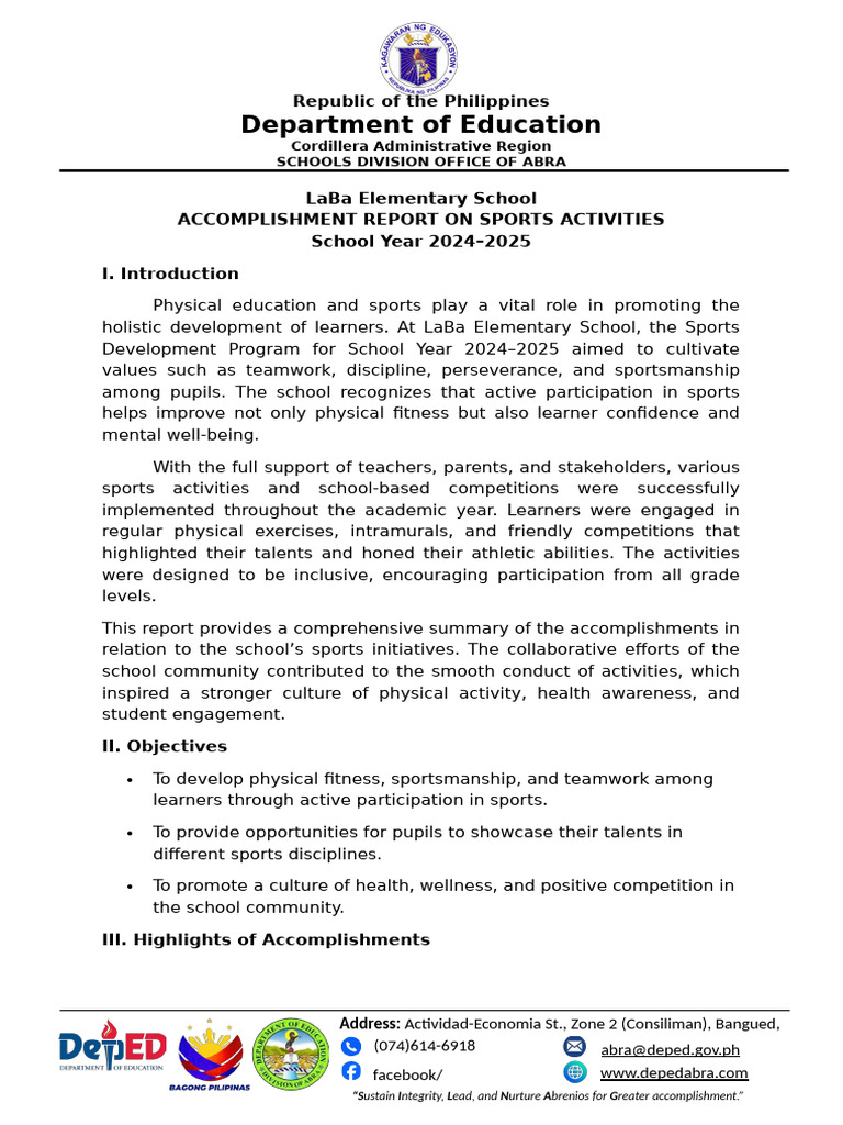 Accomplishment Report On Sports | PDF | Sports | Physical Education