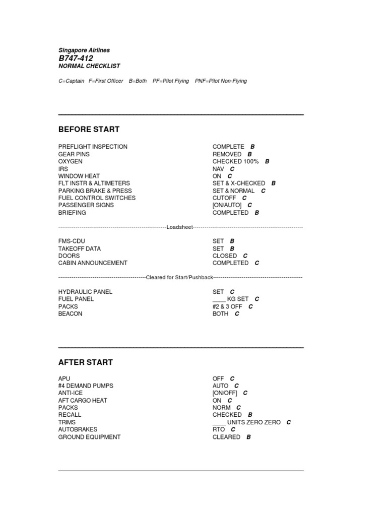 Singapore 747-400 Checklist | PDF