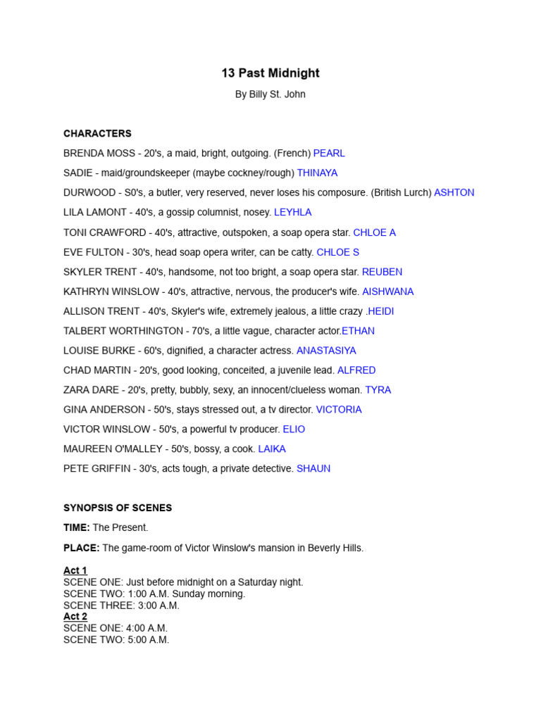 Thirteen Past Midnight Play Script | PDF