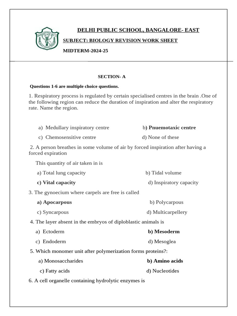 Biology Revision Worksheet for DPS | PDF | Lung | Cyanobacteria