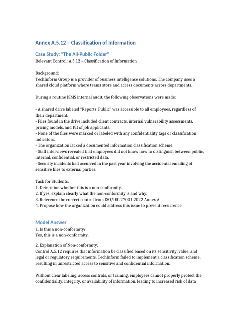 Annex A 5 12 Classification of Information Case Study | PDF ...