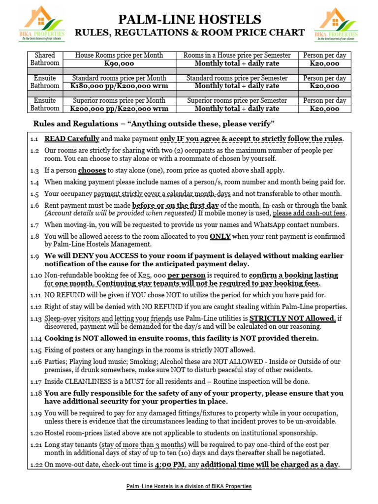 Palm-Line Room Pricing and Regulations May20rvsd-Effective July 2025 | PDF
