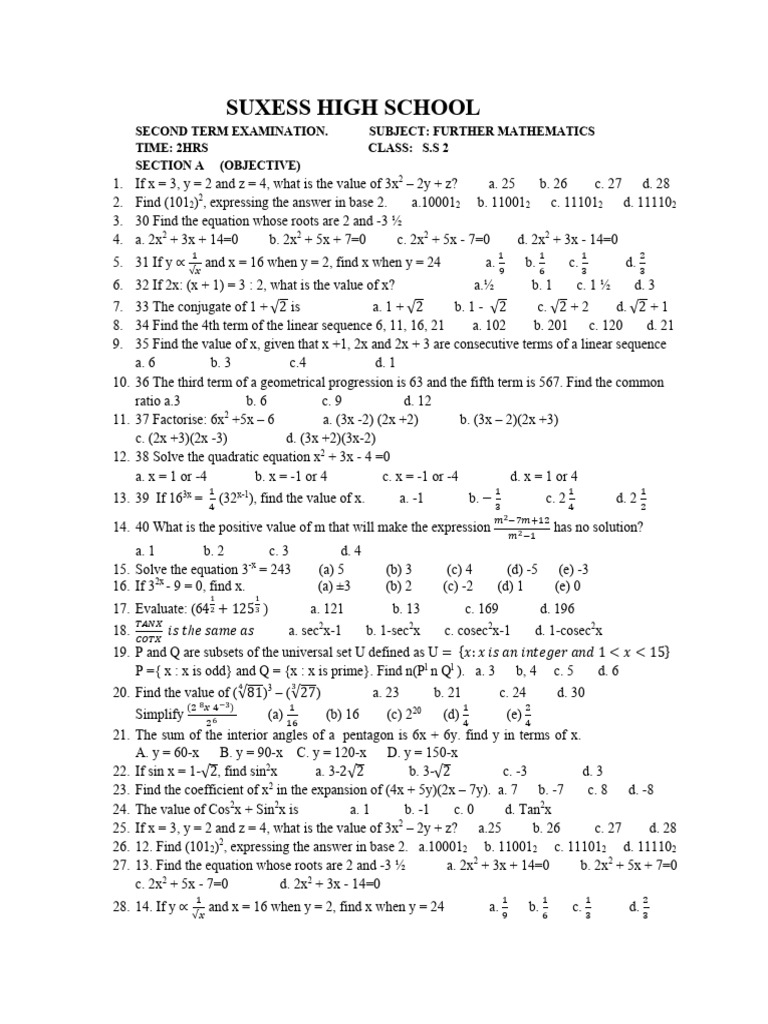 Further Math SS2 2ND Term Exam | PDF | Mathematics