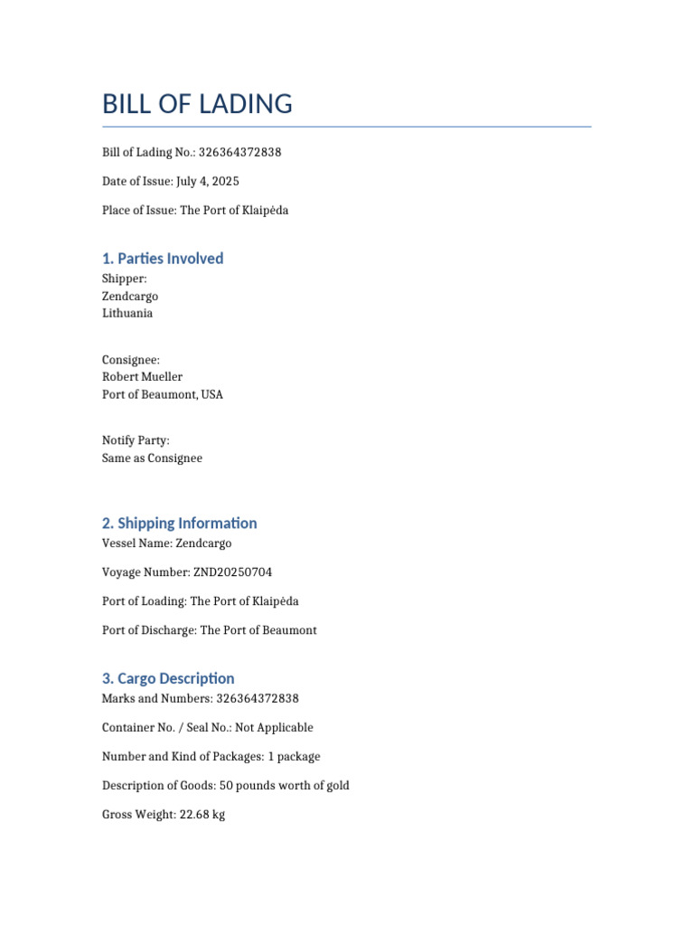 Sample Bill of Lading Zendcargo | PDF