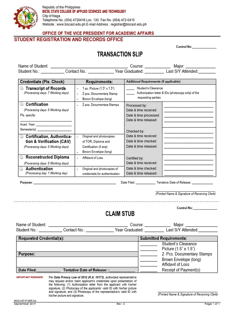 BISCAST-F-SRR-04 BISCAST Transaction Slip Rev 2 - No ISO Logo | PDF ...