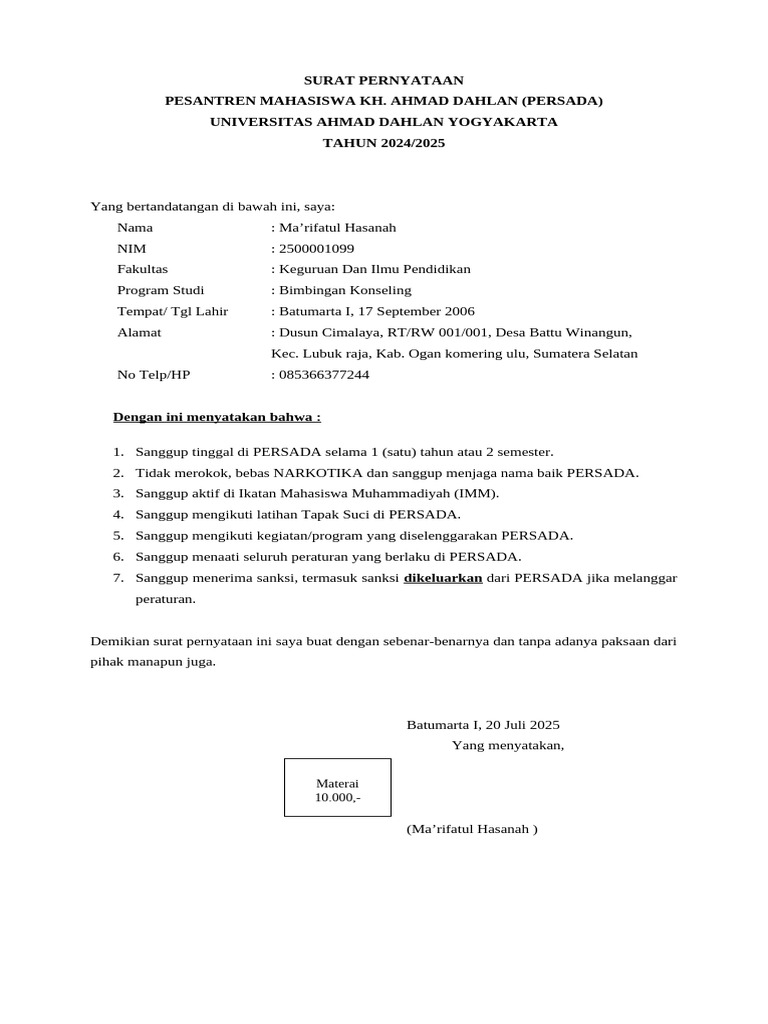 Surat Pernyataan PSB PERSADA 2025 | PDF