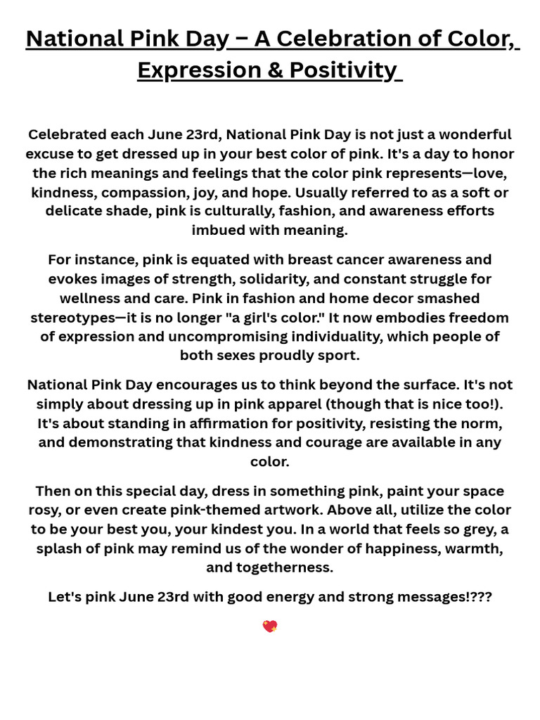 National Pink Day - A Celebration of Color, Expression & Positivity ? | PDF