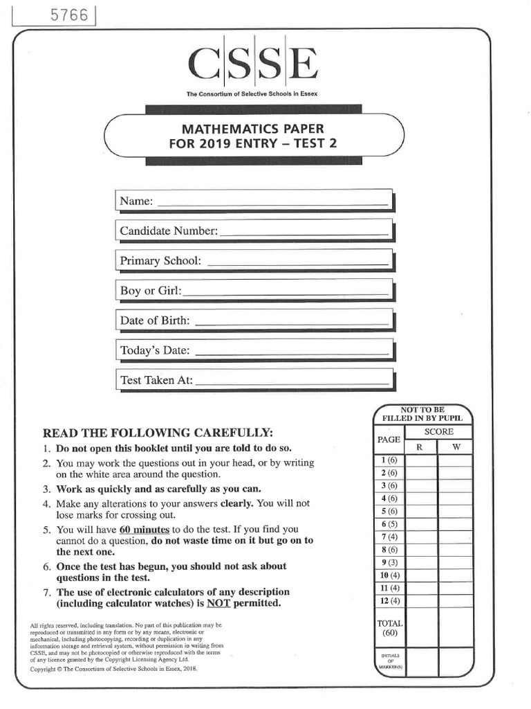 CSSE Maths 2019 Entry Paper | PDF