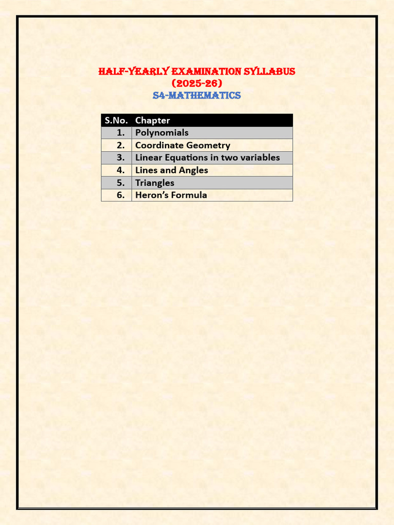 Maths Syllabus For Class 9-Halfyearly | PDF