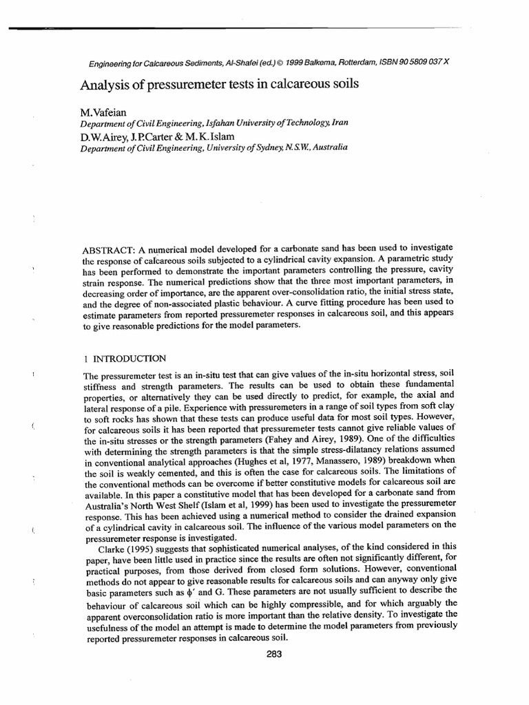 Analysis of Pressuremeter Tests in Calcareous Soils | PDF