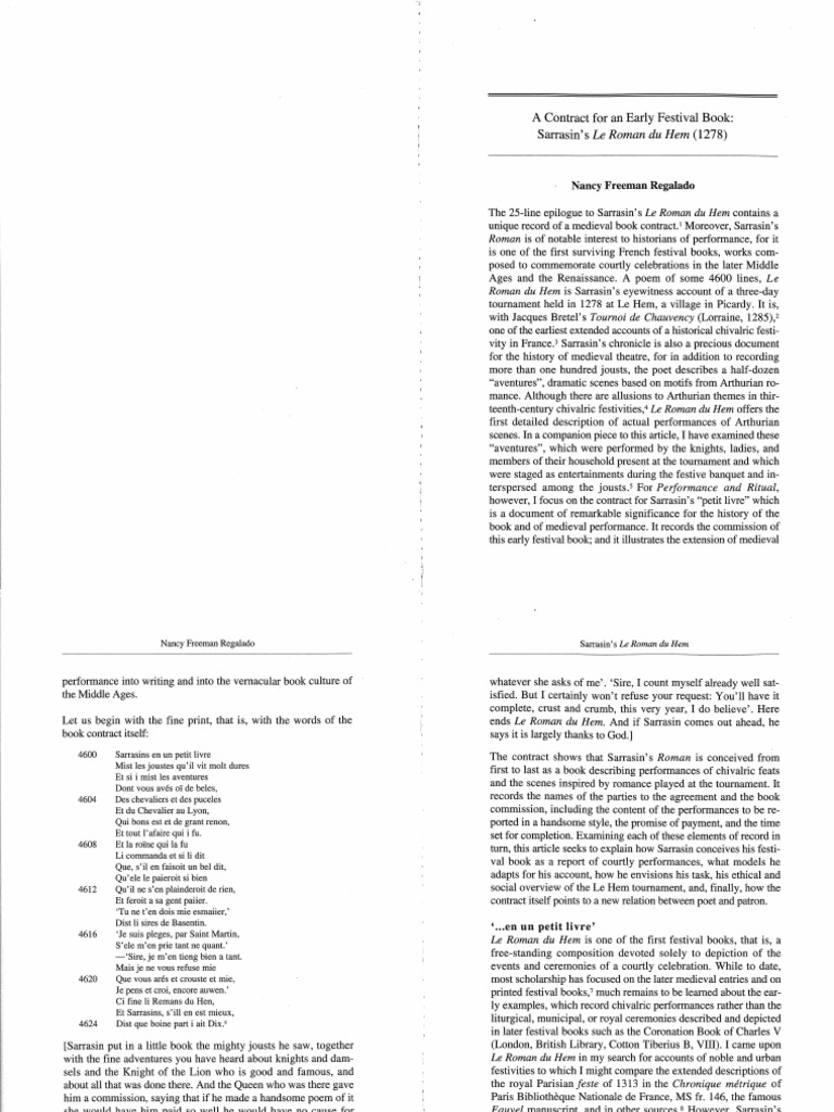 A Contract For A Festival Book-Sarrasin's Le Roman Du Hem | PDF