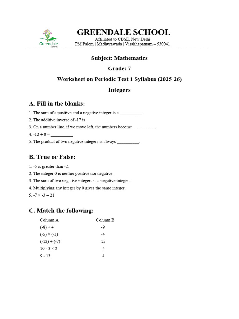 Grade 7 Integers | PDF