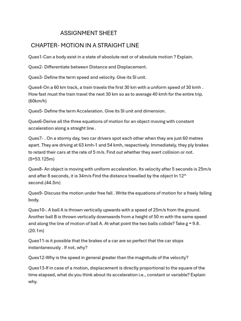 Motion in a Straight Line Assignment | PDF | Acceleration | Velocity