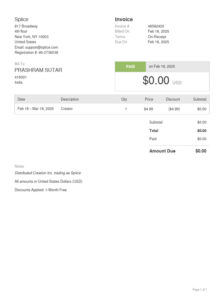 Splice Invoice 202502181427 | PDF