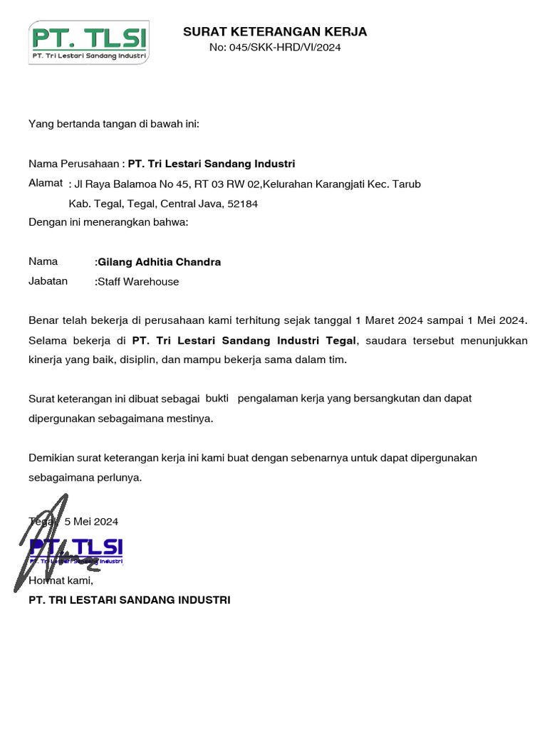 Surat Paklaring Pt. Tlsi | PDF