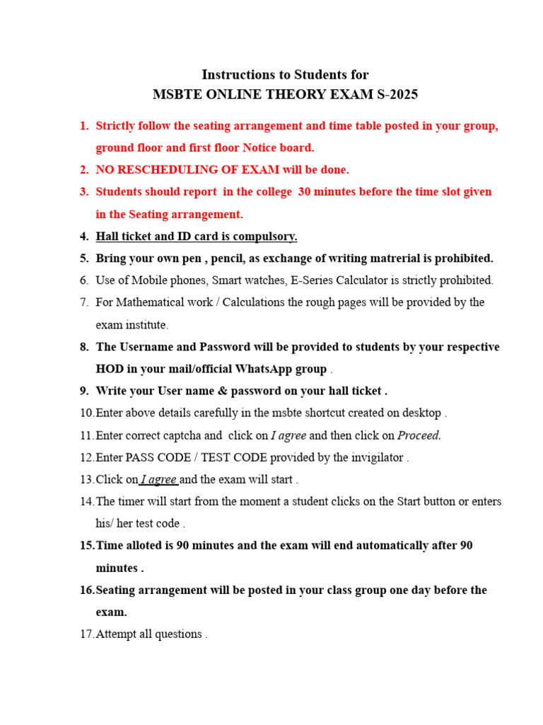 MSBTE Online Theory Exam Instructions S-2025 | PDF