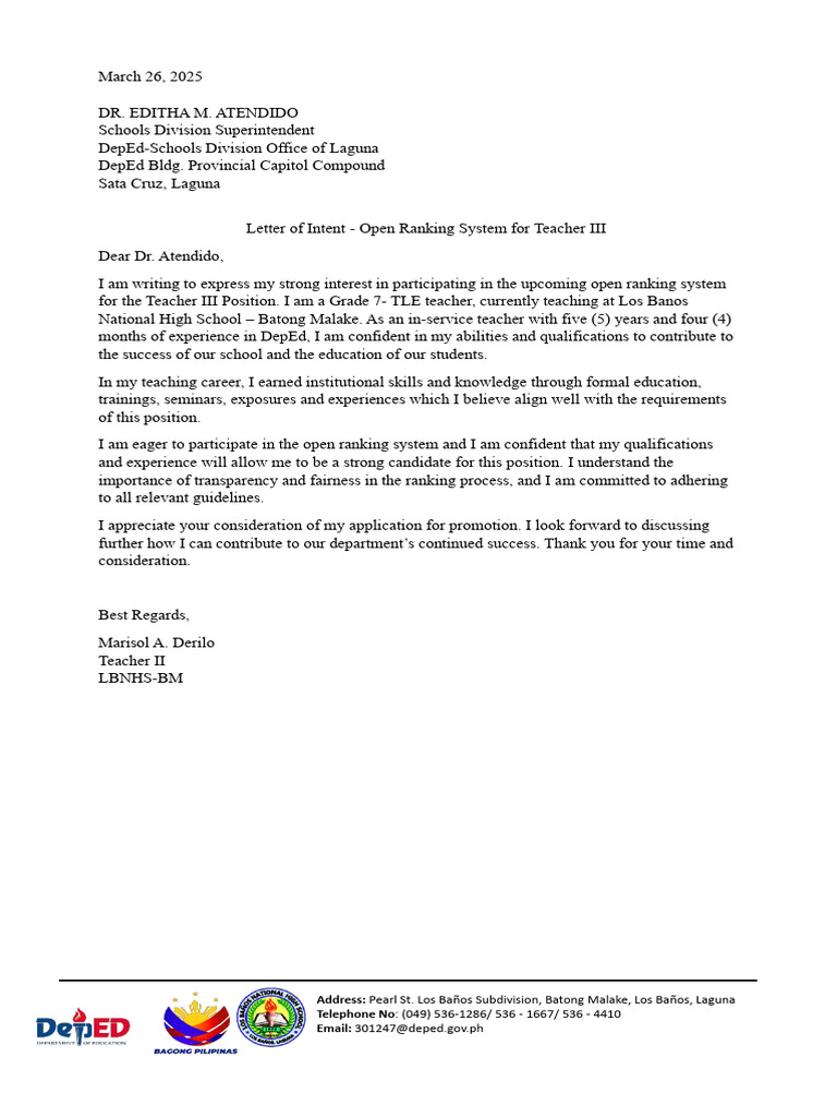 Letter of Intent Promotion Example | PDF