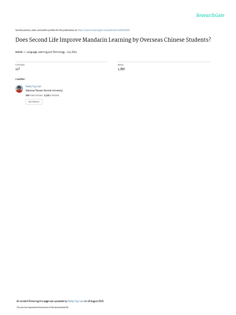 Does Second Life Improve Mandarin Learning by Overseas Chinese Students | PDF | Standard Chinese ...