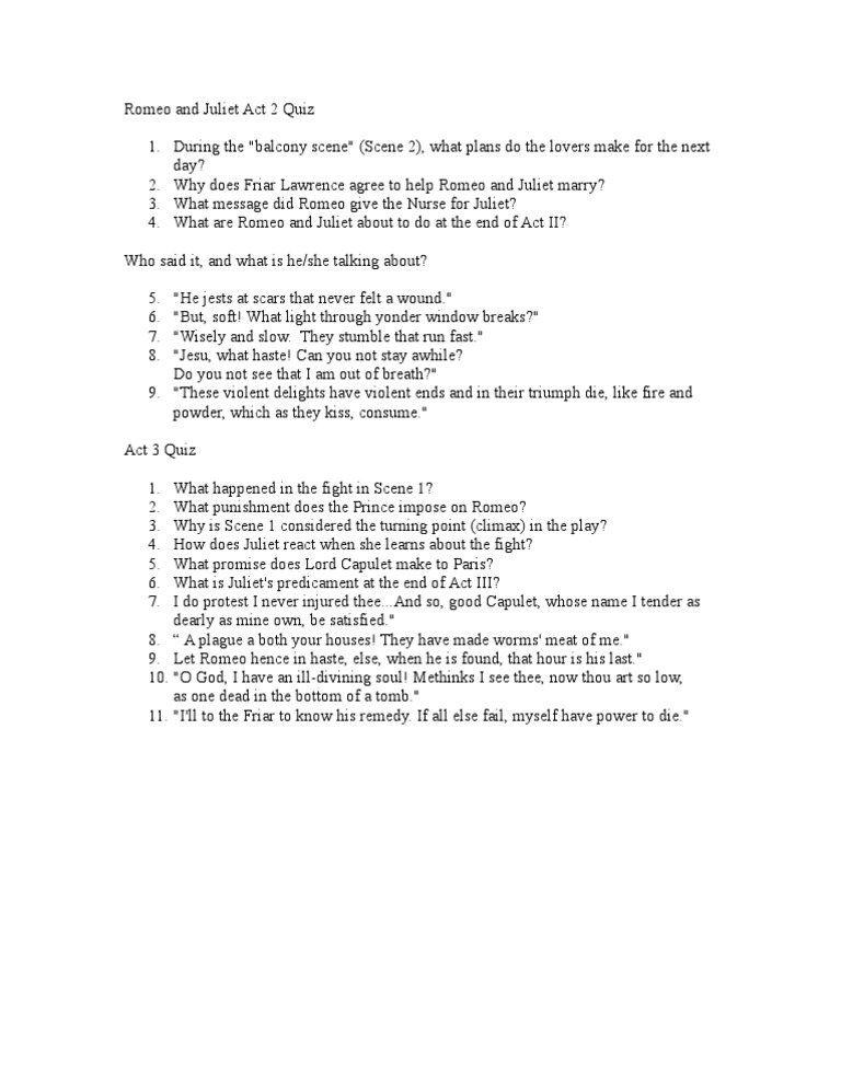 Romeo and Juliet Act 2 Quiz | PDF | Characters In Romeo And Juliet ...
