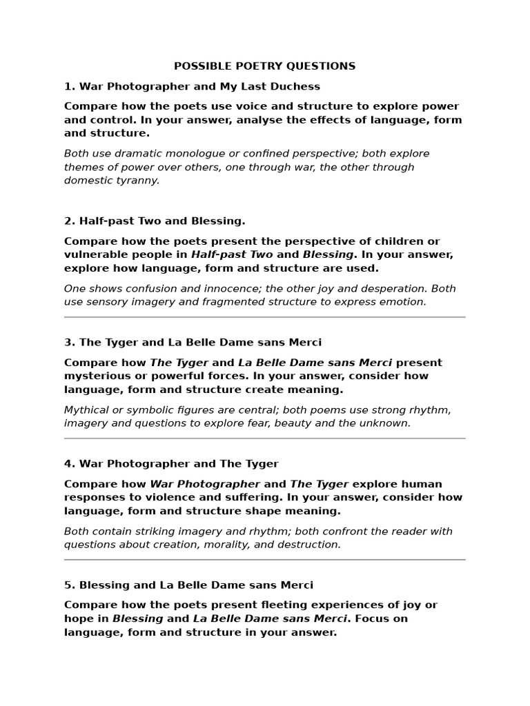 Possible Poetry Questions 2025 | PDF