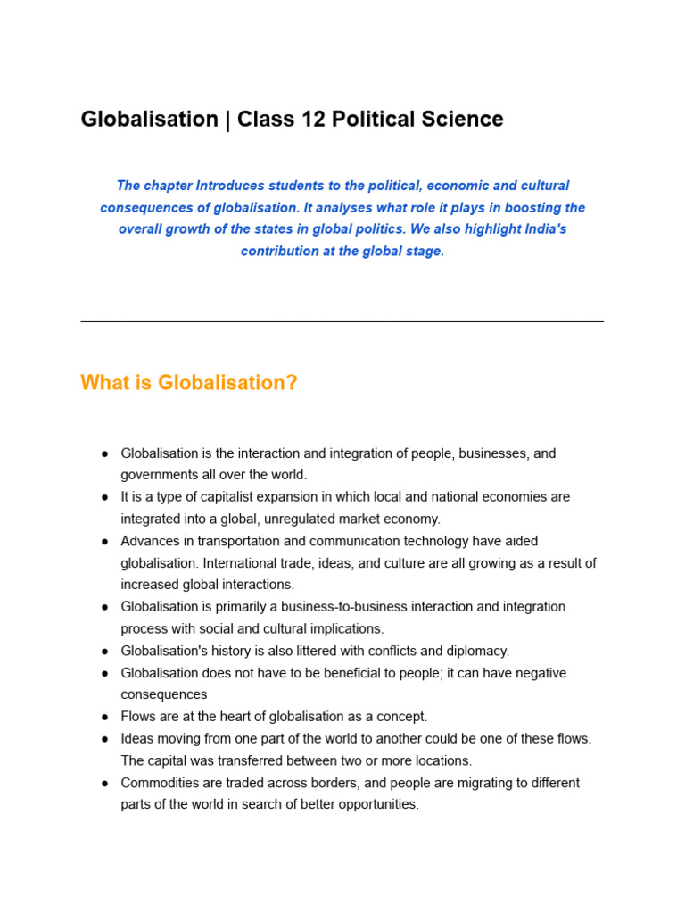 Globalisation - Class 12 Political Science | PDF | Globalization ...