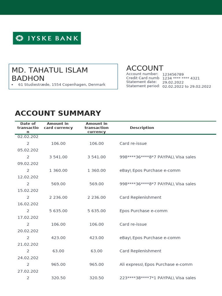 Denmark Jyske Bank Statement | PDF