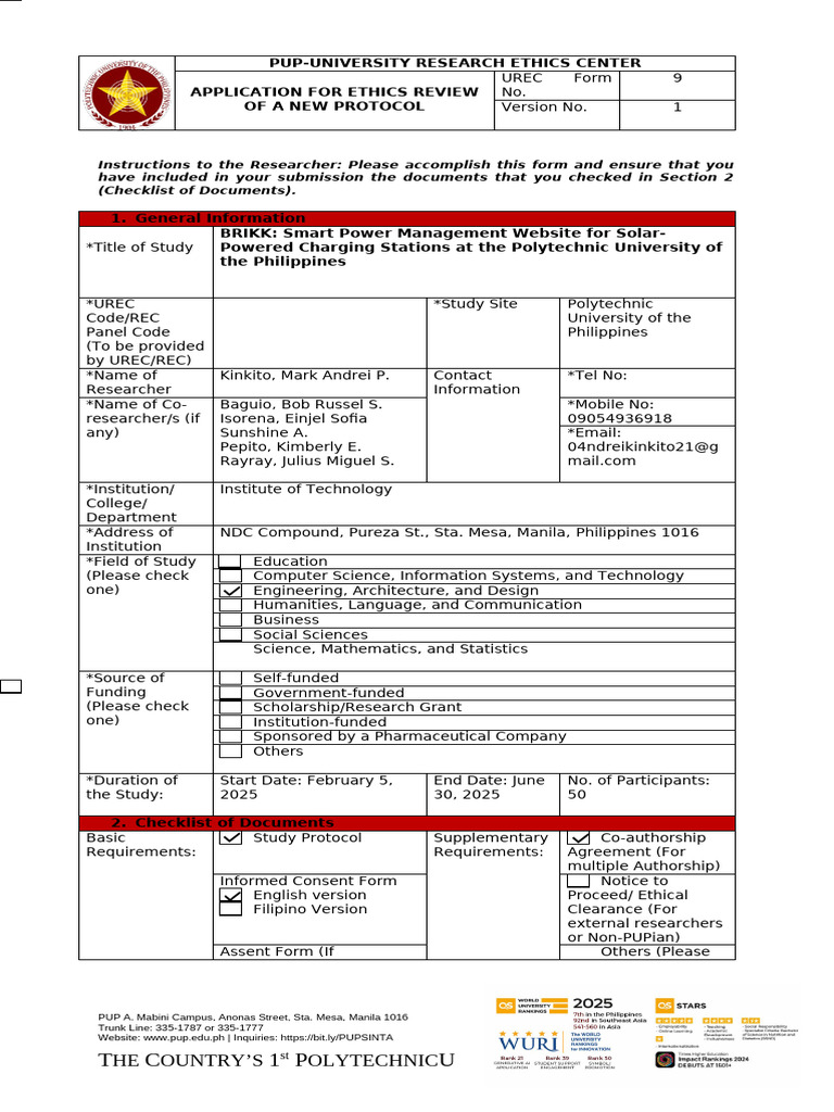 UREC Form 9 Application For Ethics Review of New Protocol (Repaired) | PDF