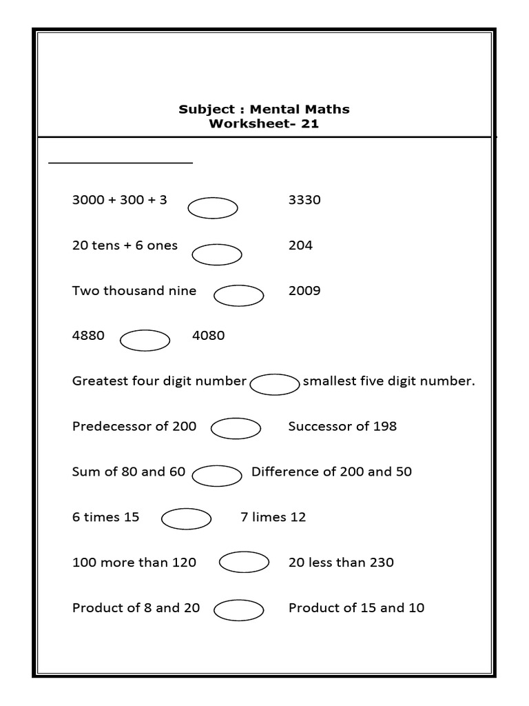 CBSE Class 3 Mathematics - Practice Worksheets 22-Mental Maths | PDF ...
