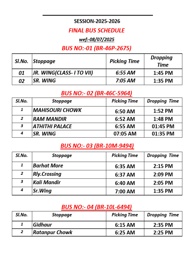 DAV Jamui 2025-26 Final Bus Schedule | PDF