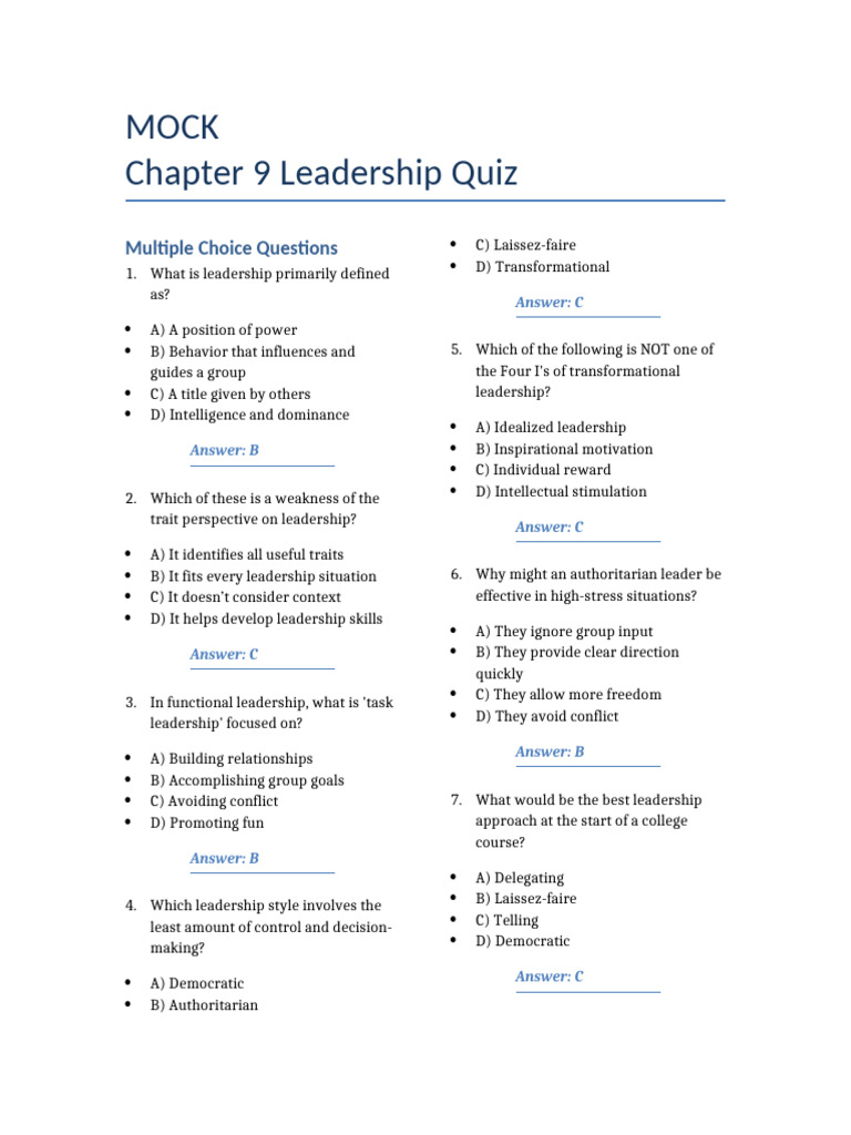 MOCK - Chapter - 9 - Leadership - Quiz - With Answers | PDF ...