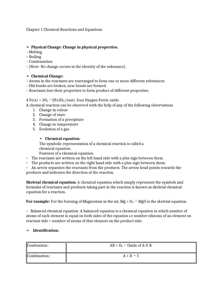 Chapter 1 Chemical Reactions and Equations KEY NOTES | PDF | Chemical ...