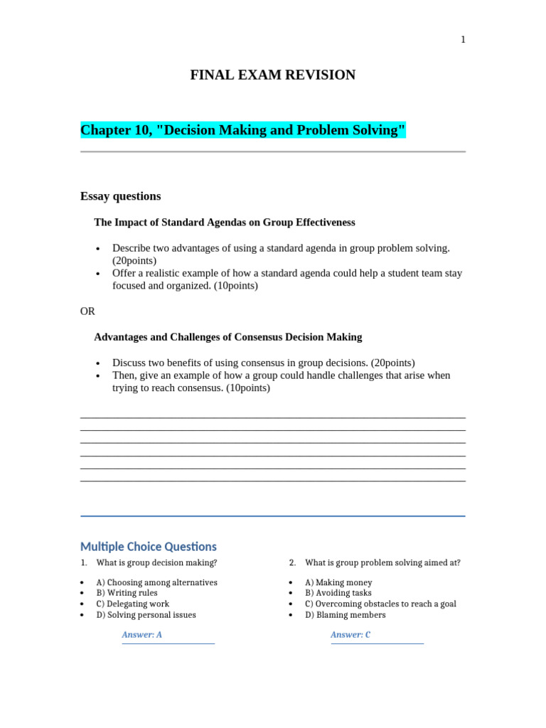 MOCK - Chapter - 10 - Decision Making & Problem Solving - Quiz - With Answers | PDF | Decision ...