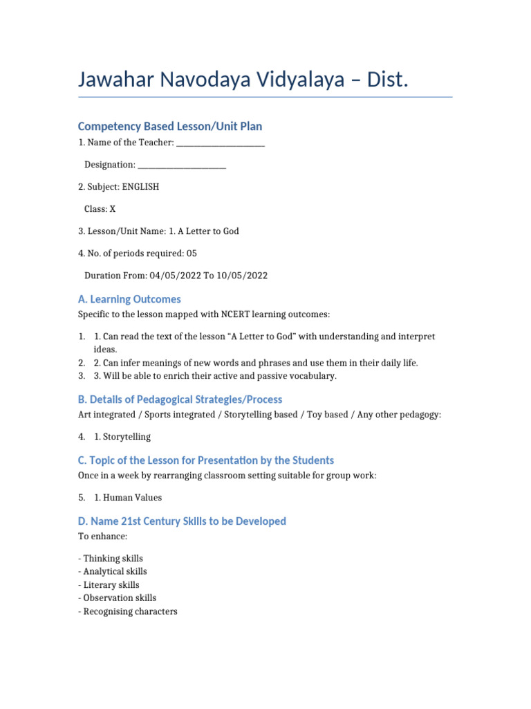 Competency Based Lesson Plan A Letter To God | PDF