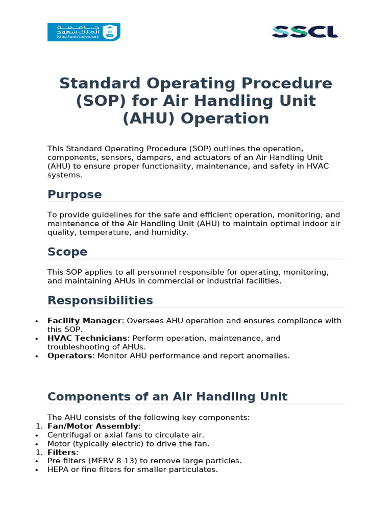 AHU Operation and Maintenance SOP | PDF | Temperature | Tools