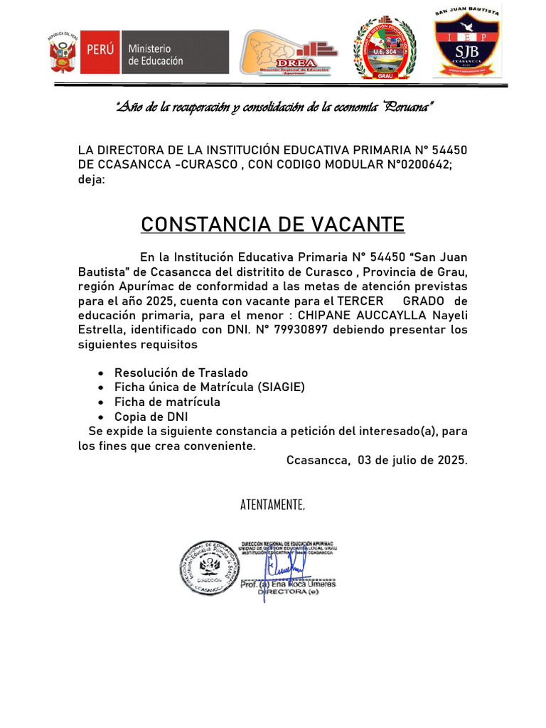 Constancia de Vacancia Nayeli | PDF